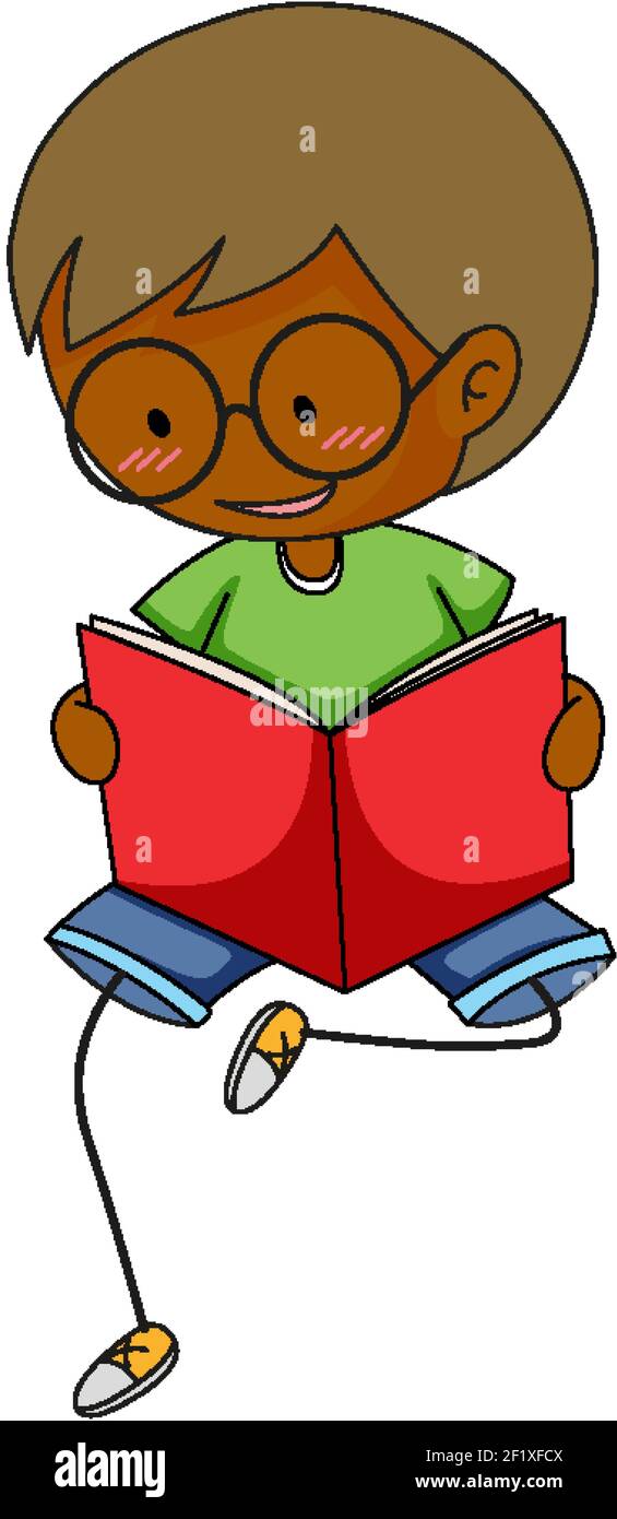 A doodle kid reading a book cartoon character isolated illustration ...