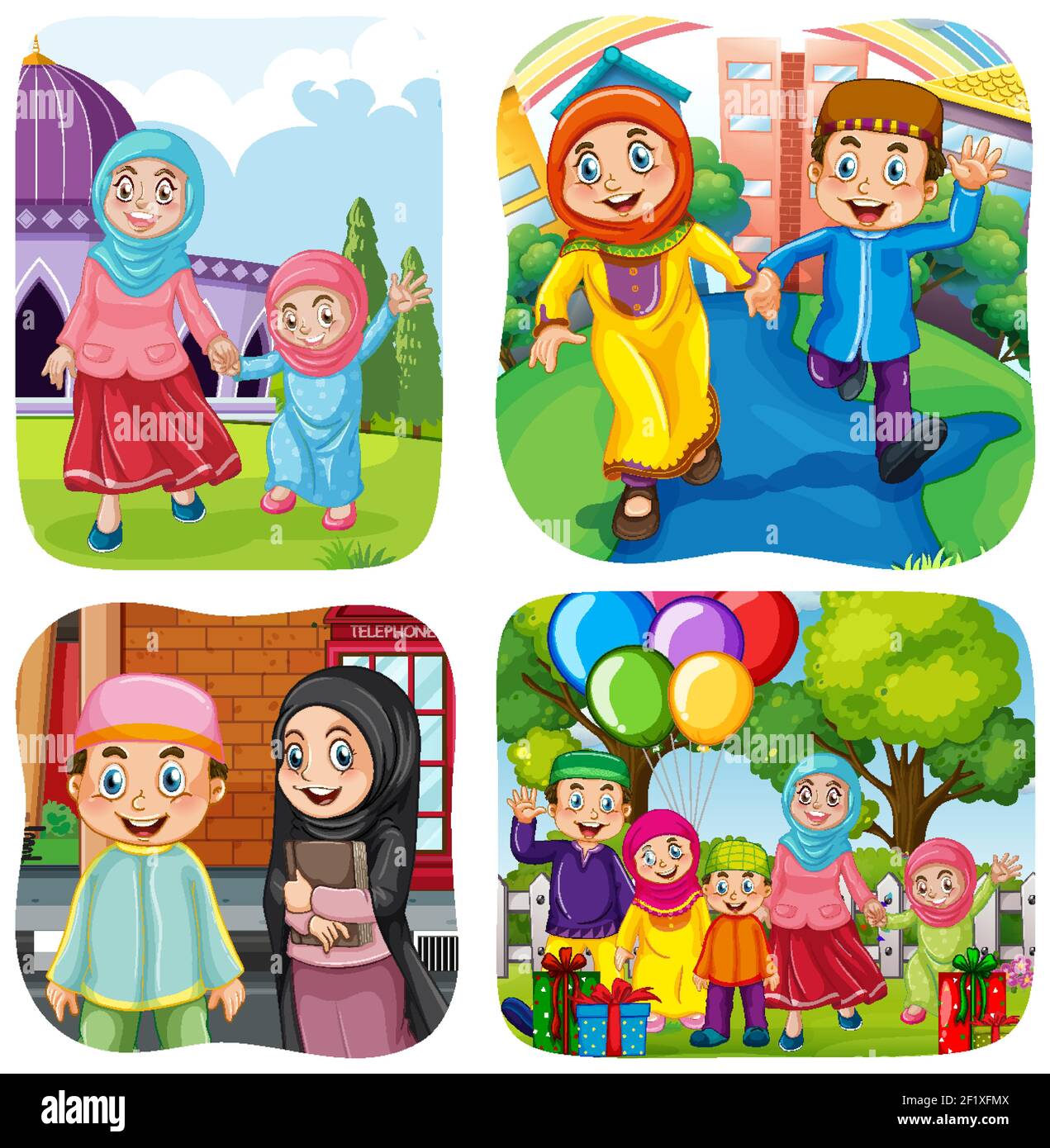 Set of muslim people cartoon character in different scene illustration ...