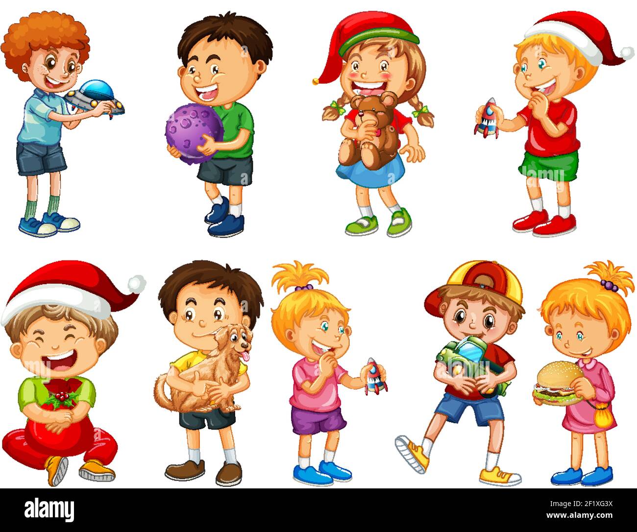 Set of different kid playing with their toys cartoon character isolated ...