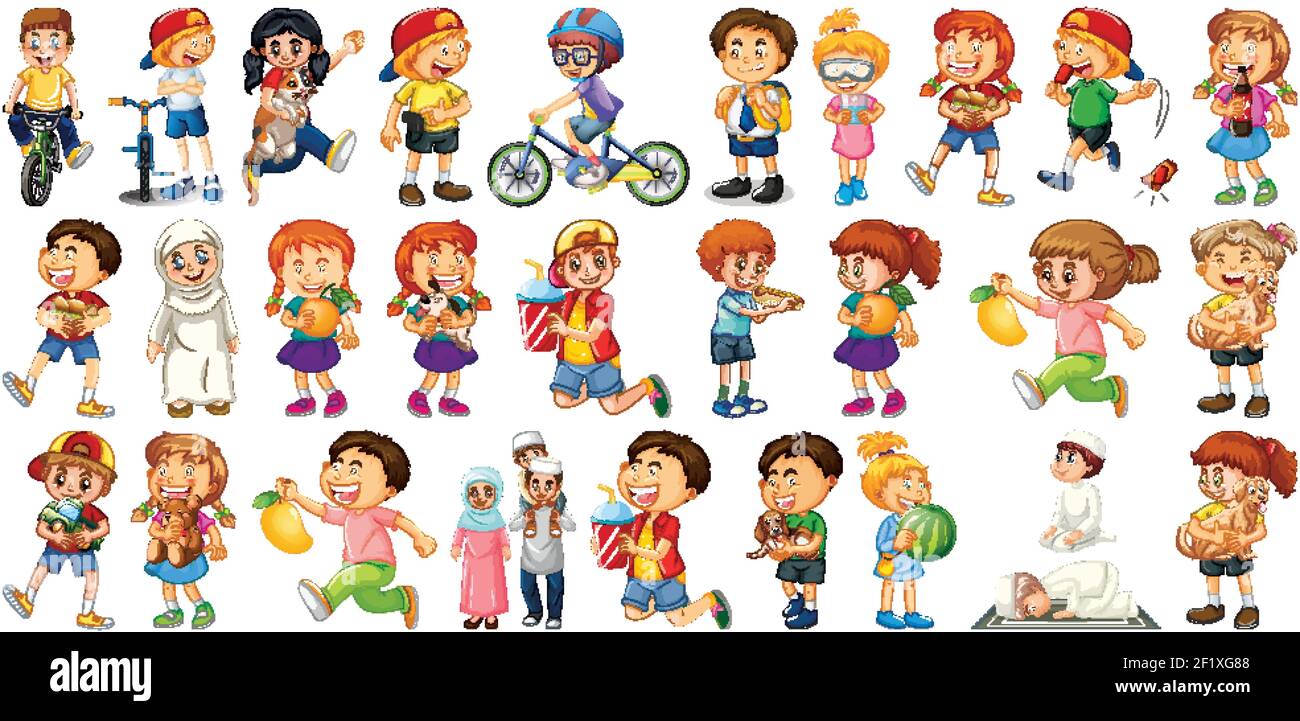 Children doing different activities cartoon character set on white ...