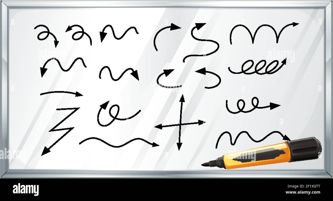 Different types of hand drawn curved arrows on white board illustration ...