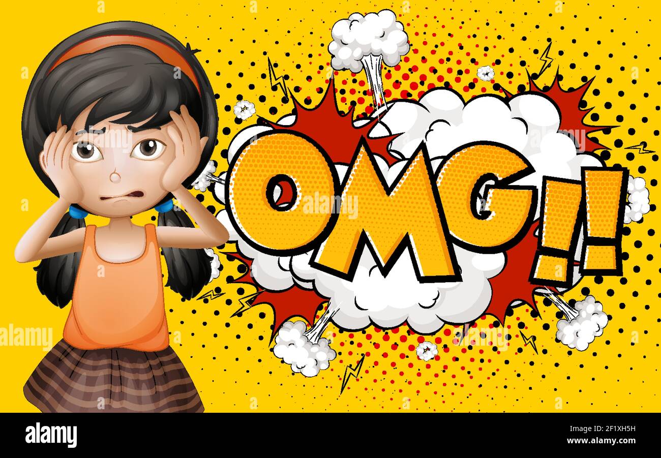 OMG word on explosion background with girl cartoon character ...