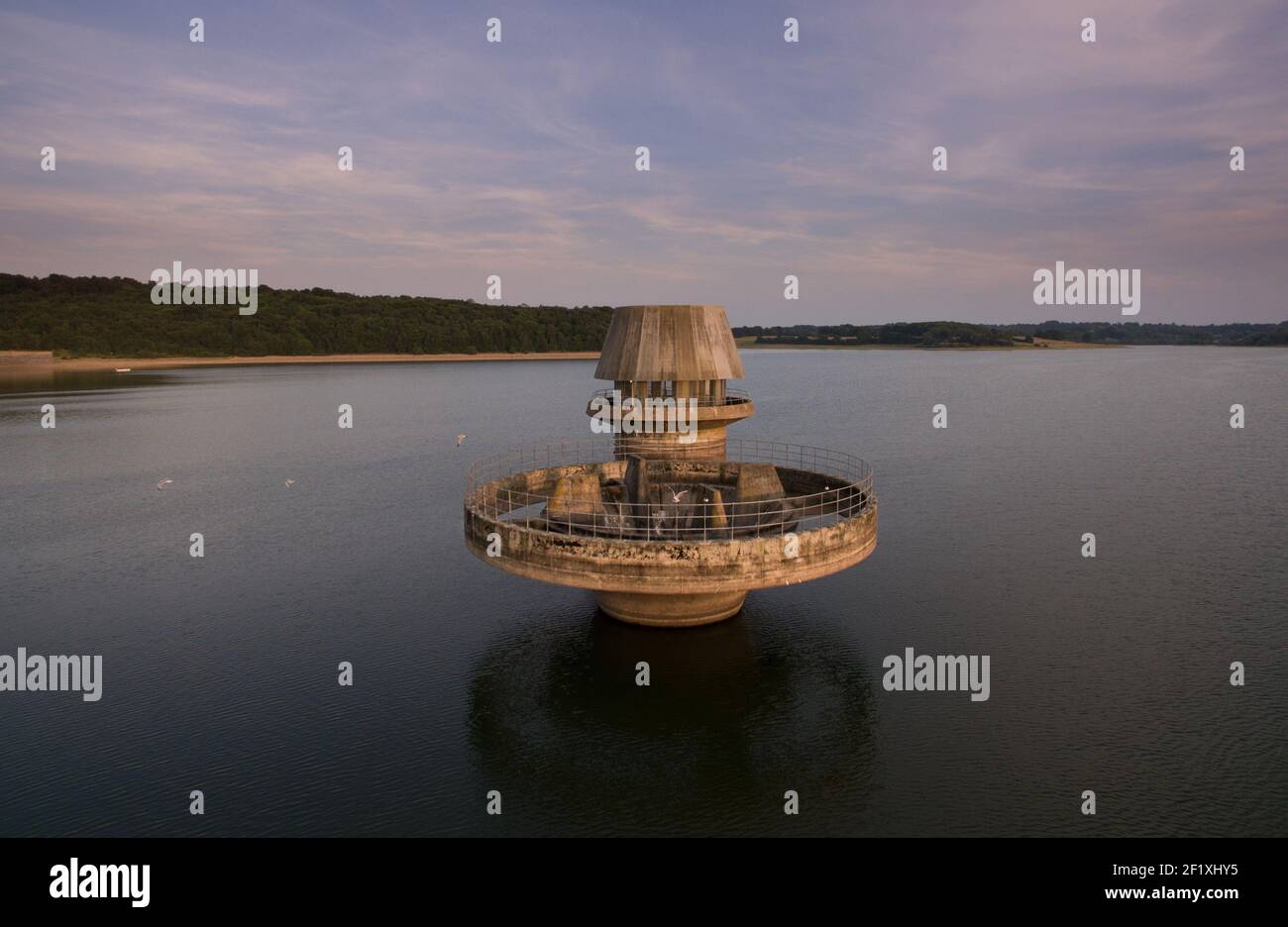 Aerial view of Bewl water reservoir overflow towers in Lamberhurst ...