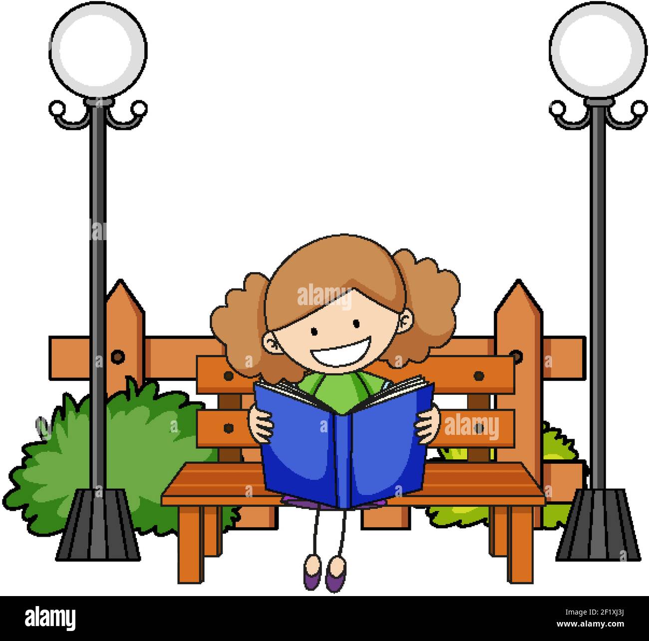 Cute girl reading book doodle cartoon character with park elements ...