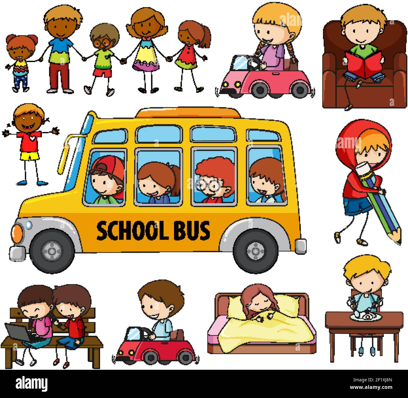 Set of different doodle kids cartoon character illustration Stock ...