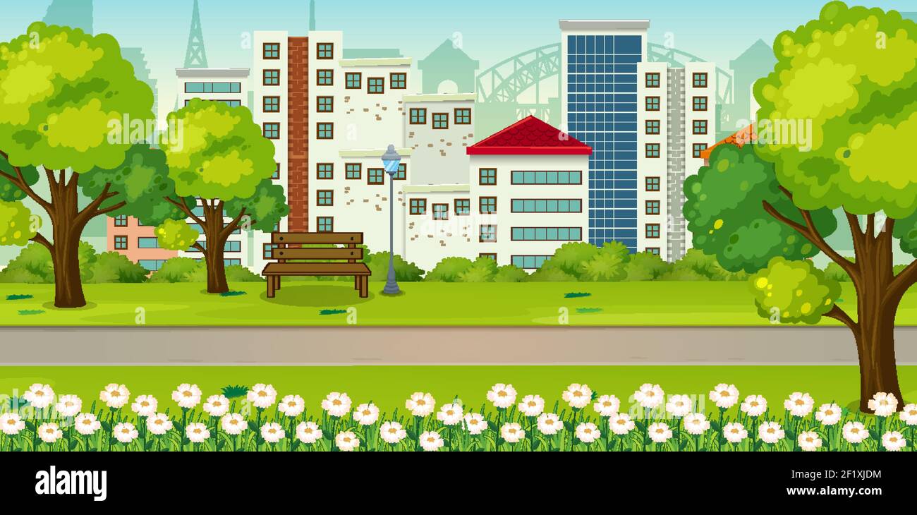 Park outdoor scene with many building in background illustration Stock ...
