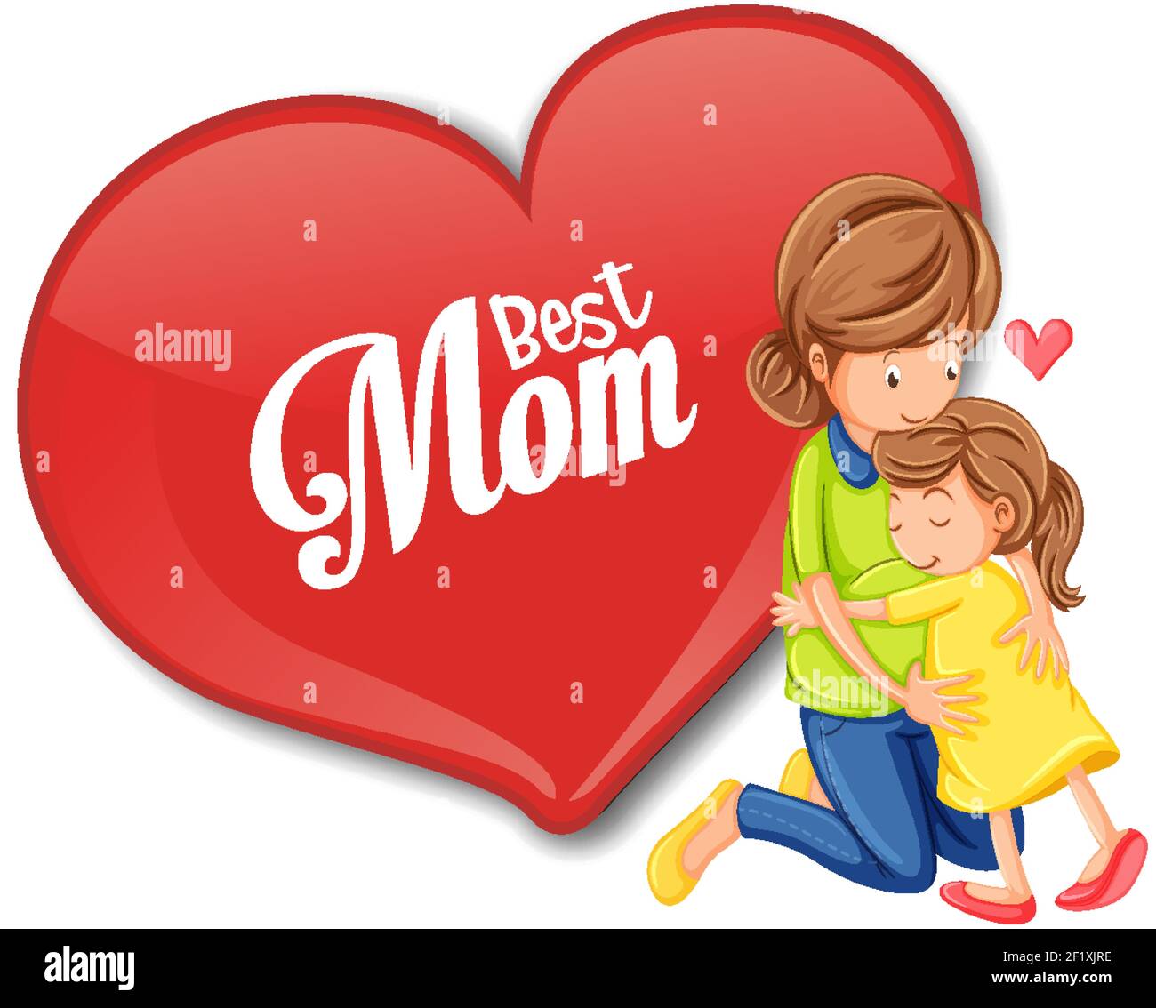 Best mom font in a big heart with mom hugging her daughter illustration ...
