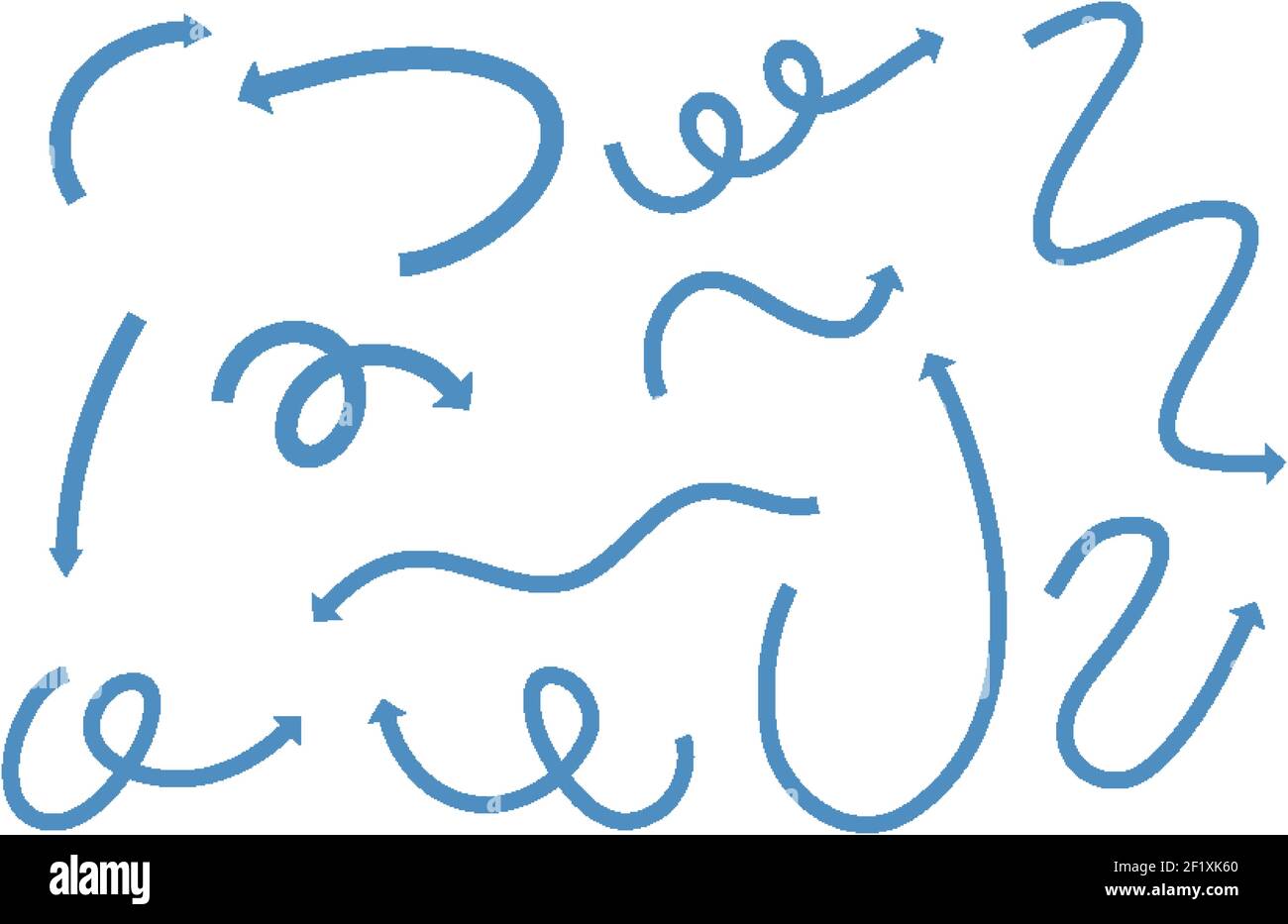Different types of blue hand drawn curved arrows on white background ...