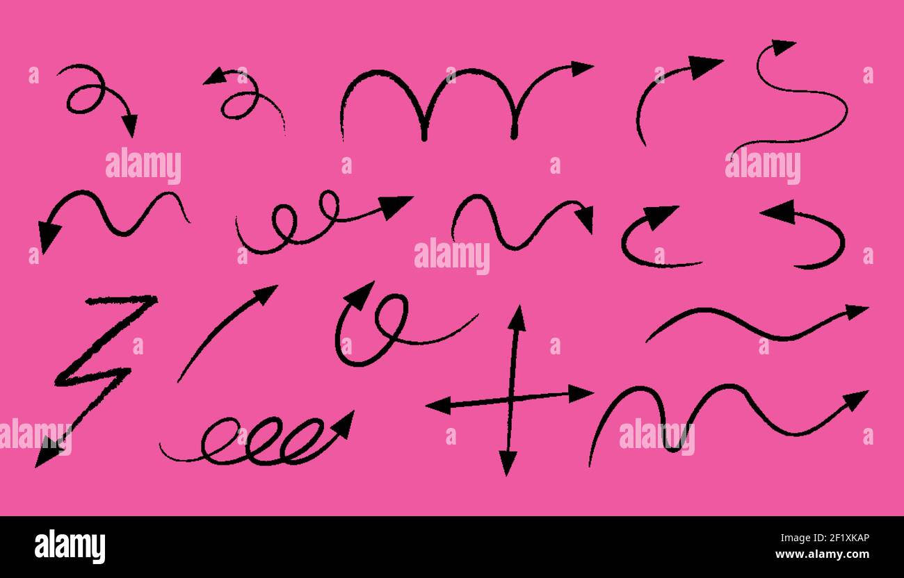 Different types of hand drawn curved arrows on pink background ...