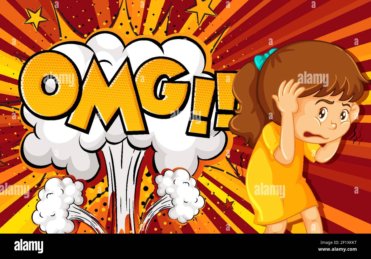 OMG word on explosion background with girl cartoon character ...