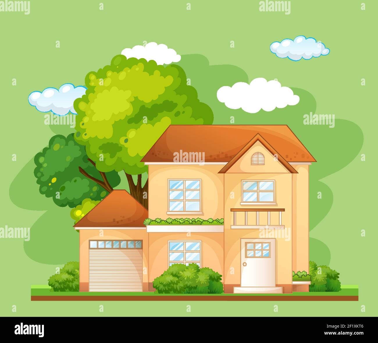 Front of a house with many tree on green background illustration Stock ...