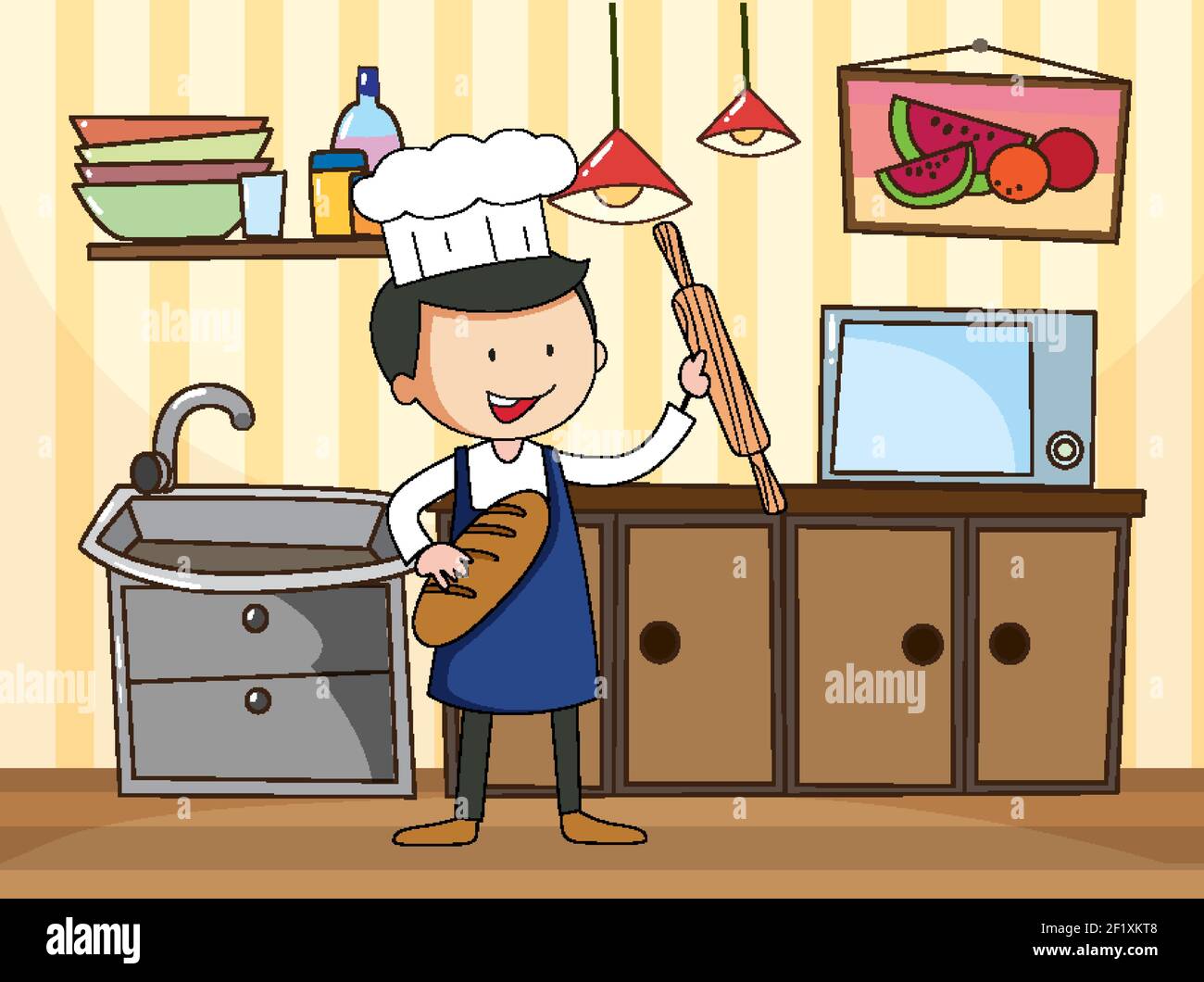 Chef in the kitchen scene with equipments illustration Stock Vector ...
