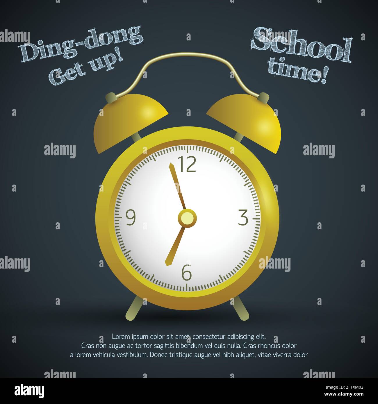 School learning template with realistic yellow alarm clock on dark ...