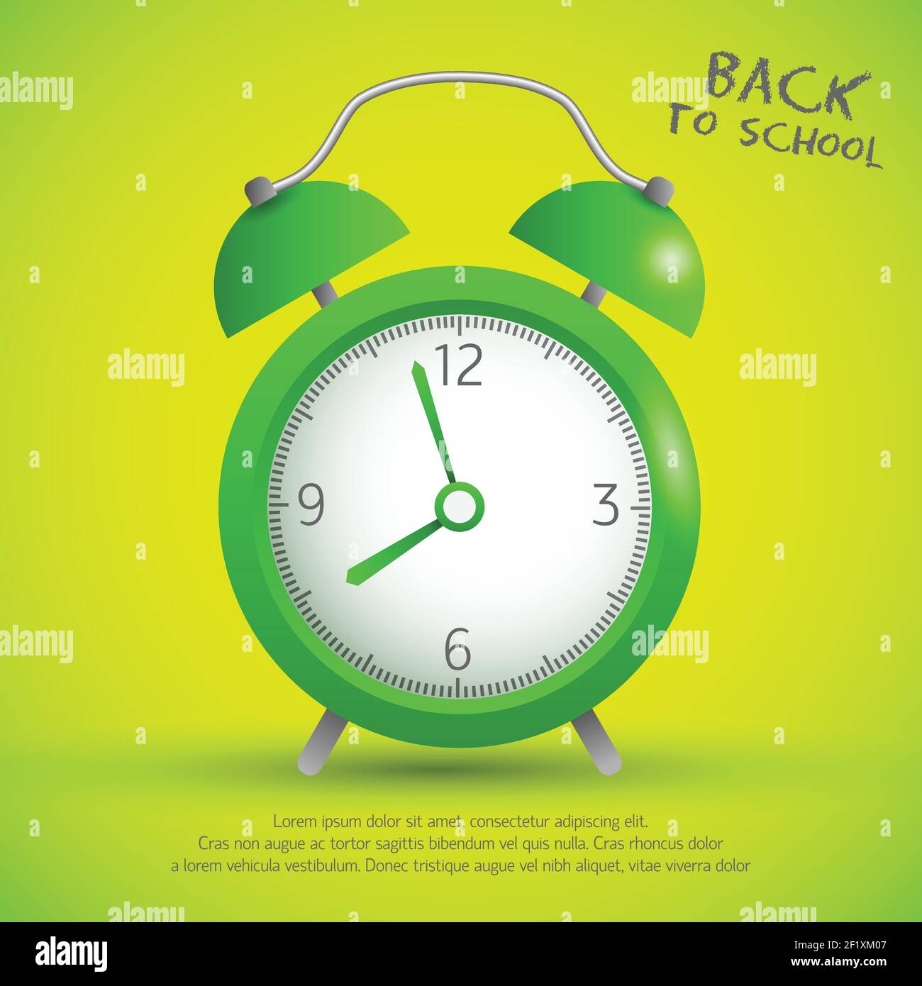 School time template with inscription and realistic green alarm clock ...