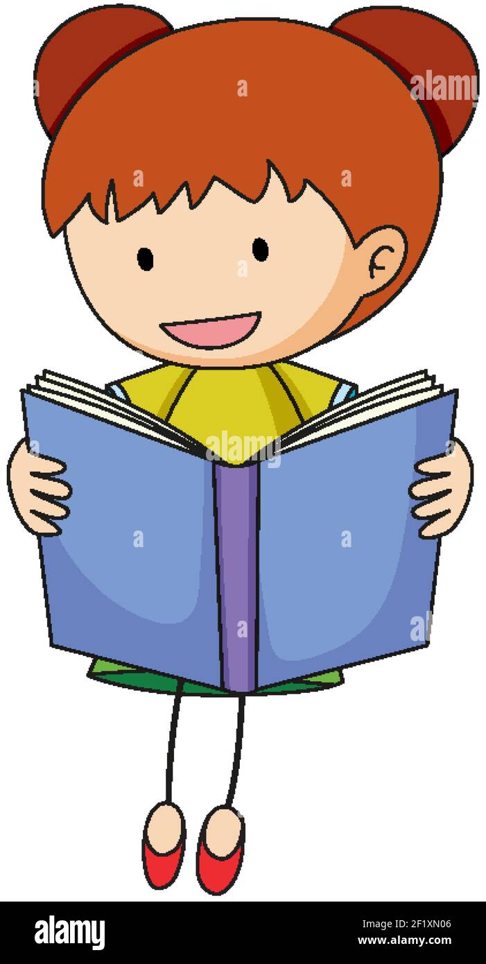 A doodle kid reading a book cartoon character isolated illustration ...