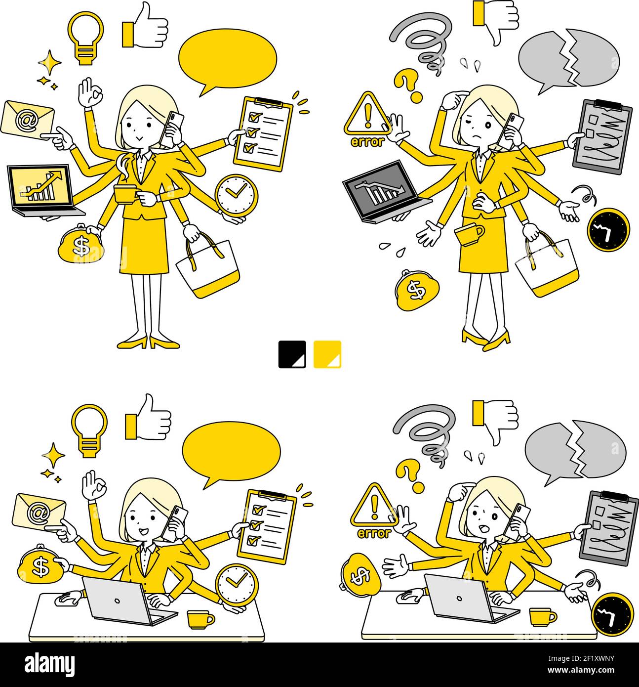 A set of women who perform multitasking in the office.It's vector art ...