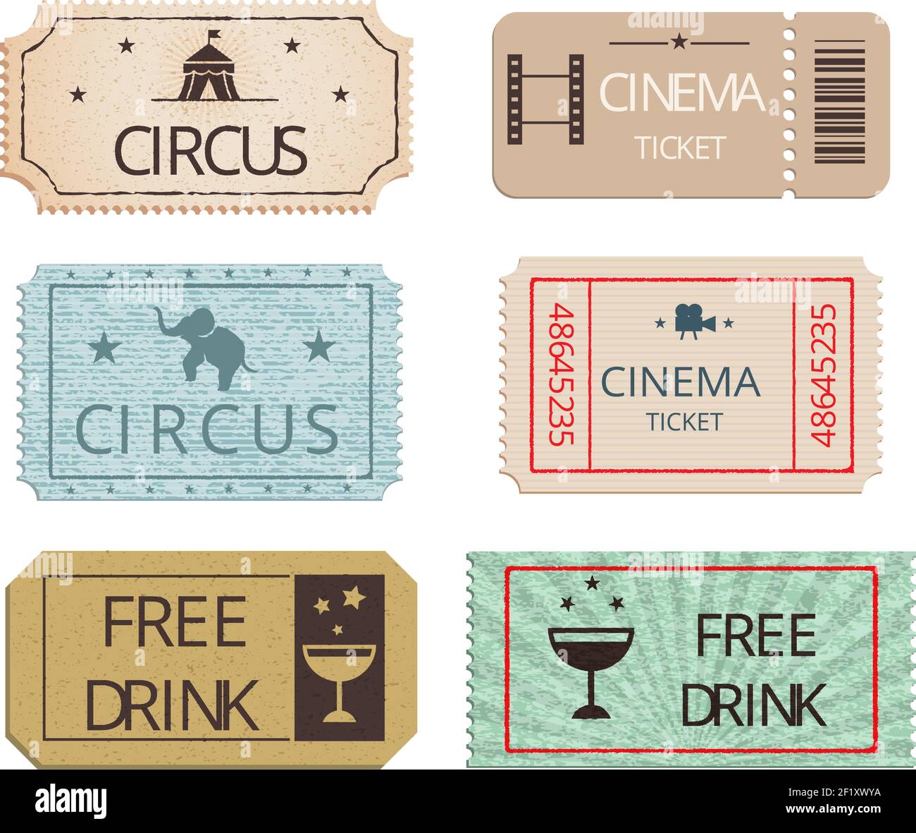 Vintage cinema circus and party tickets vector set showing perforated entry tickets with icons ...
