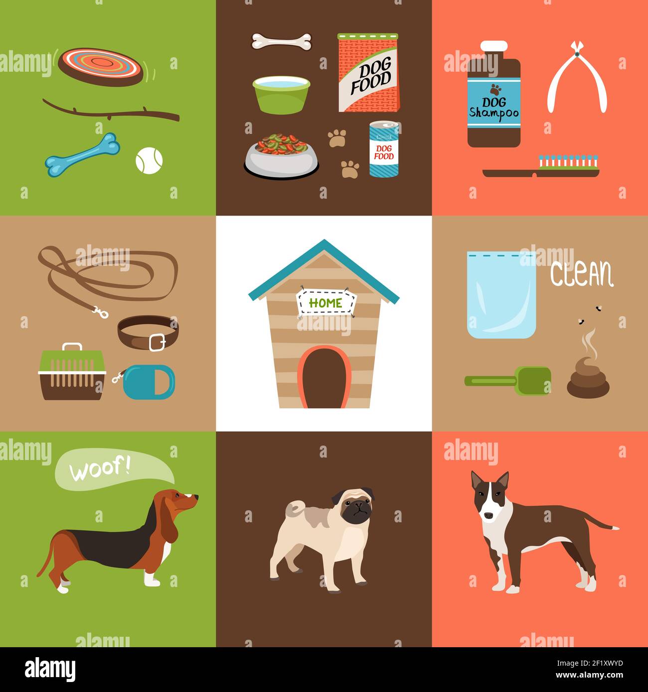 Dogs and dog accessories icons in a flat style. Vector illustration ...