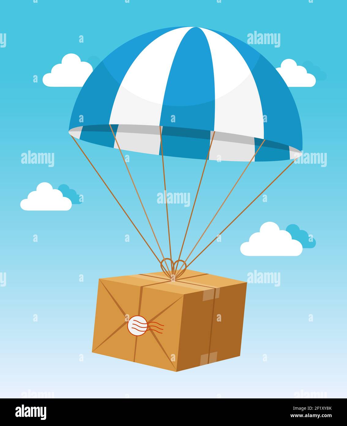 Blue and White Parachute Holding Delivery Cardboard Box on Light Blue ...