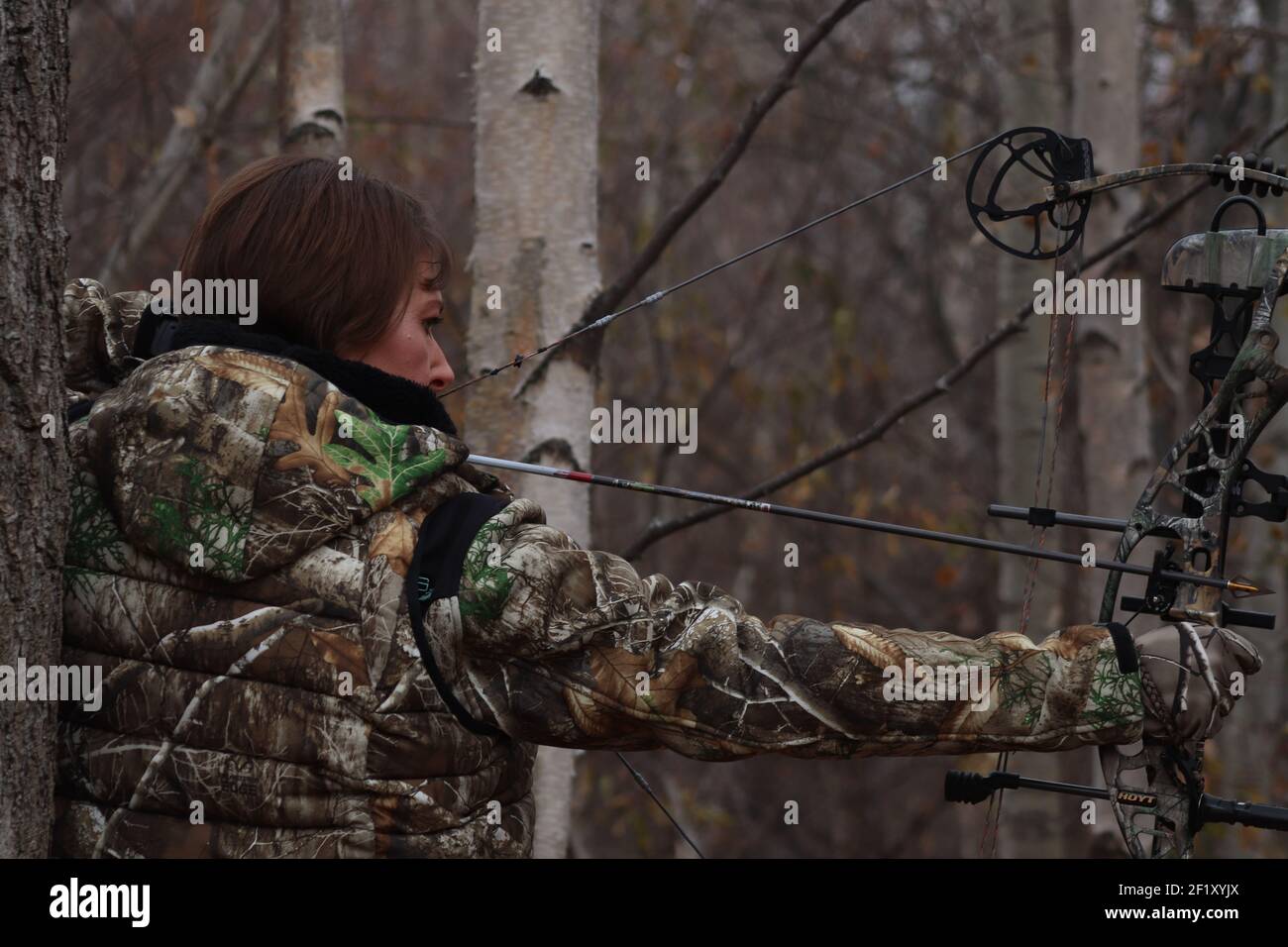 female bow hunter in full draw Stock Photo - Alamy