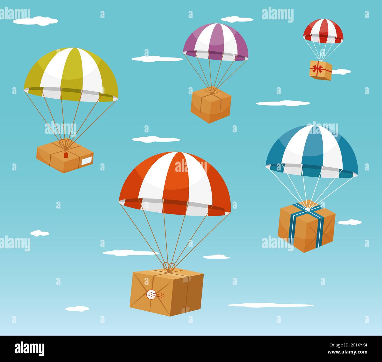 Delivery Concept - Colorful Parachute Carrying Gift Boxes on Light Blue ...