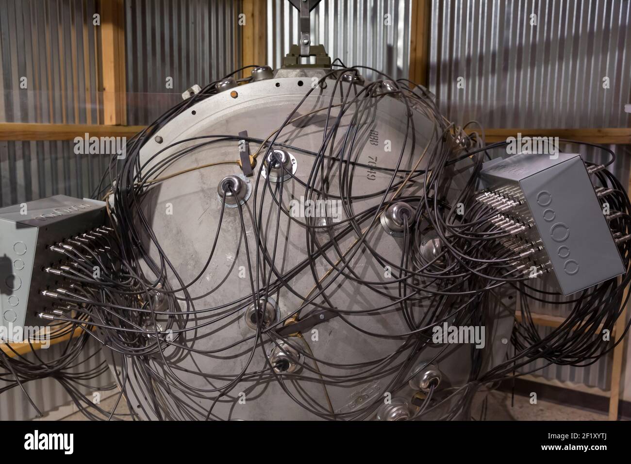 A model of "The Gadget” atomic device on display at the National Museum ...
