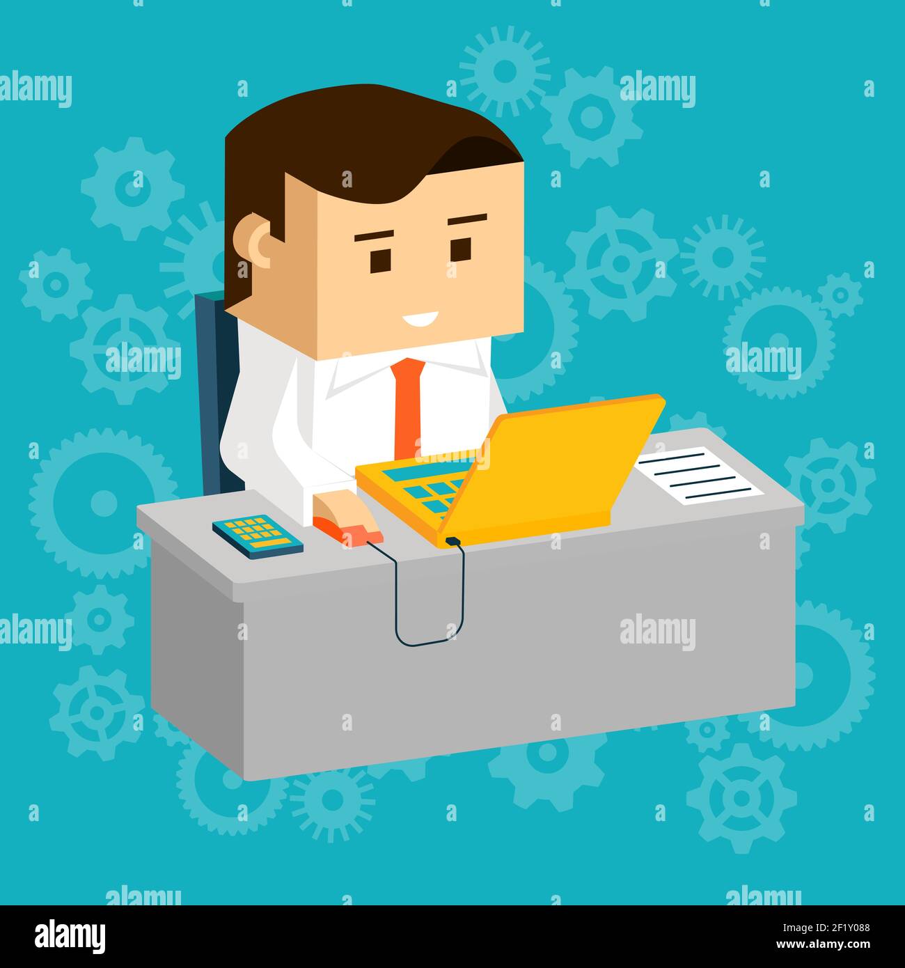 Cartooned Businessman Busy Working at his Gray Table with Laptop ...