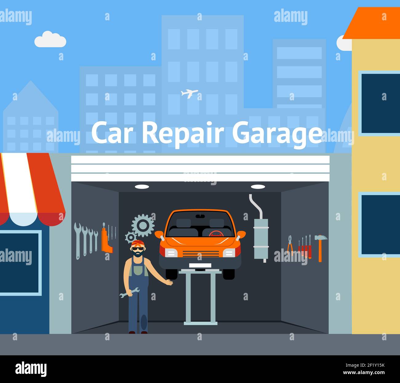 Cartooned Car Repair Garage with Signage Graphic Design with Repairman ...