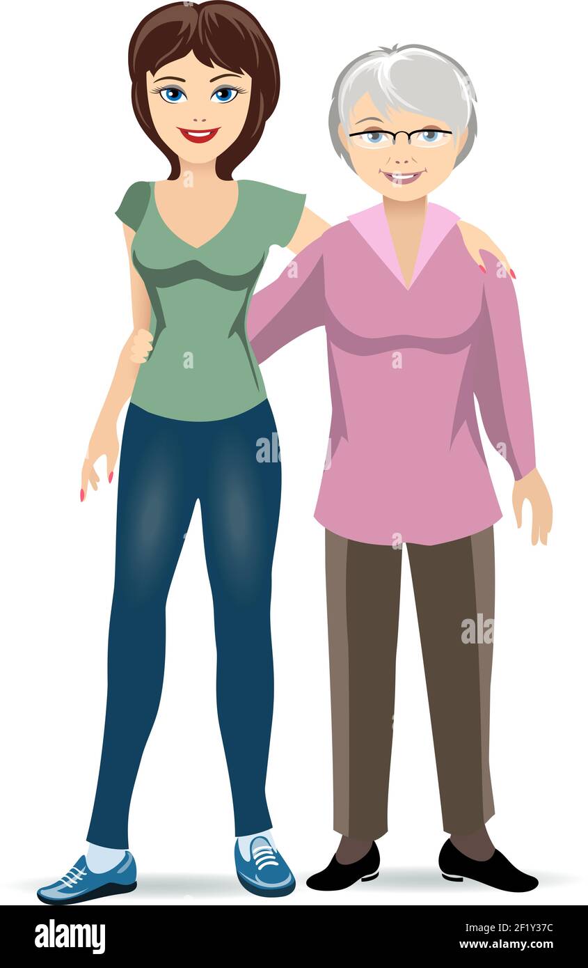 An elderly woman with adult daughter. Love, care, old age. Vector ...