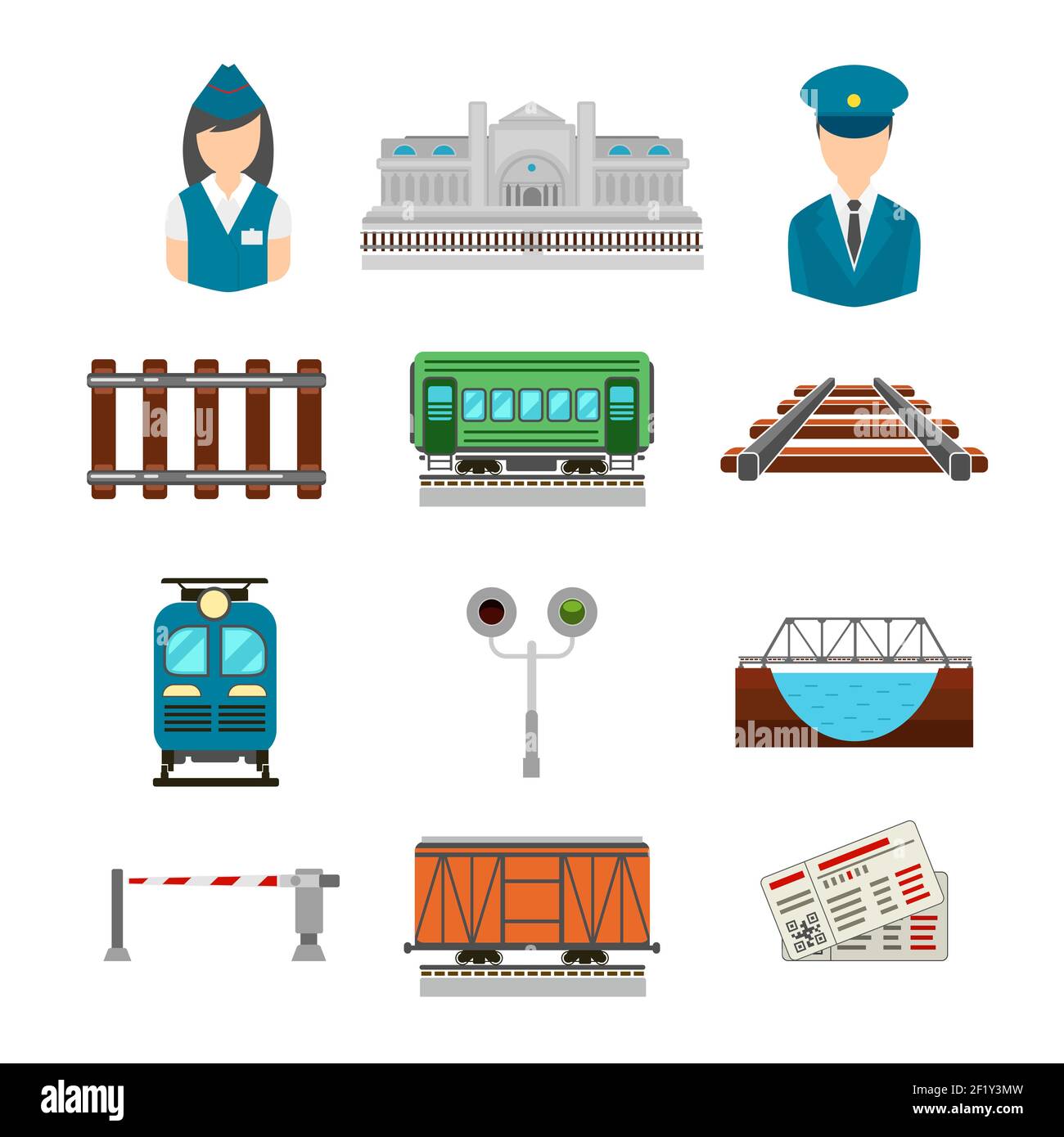 Vector set of railroad icons in flat style. Bridge and gate, ticket and ...