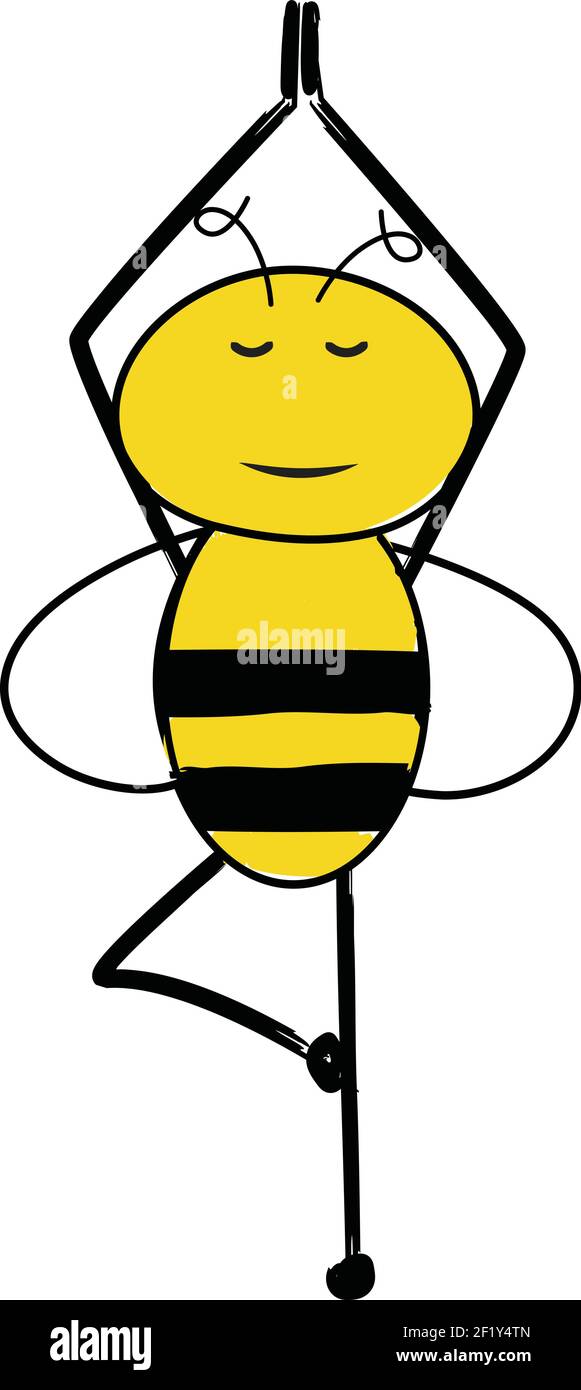 Cartoon cute bee standing on a foot and meditating. Peaceful bee in a ...