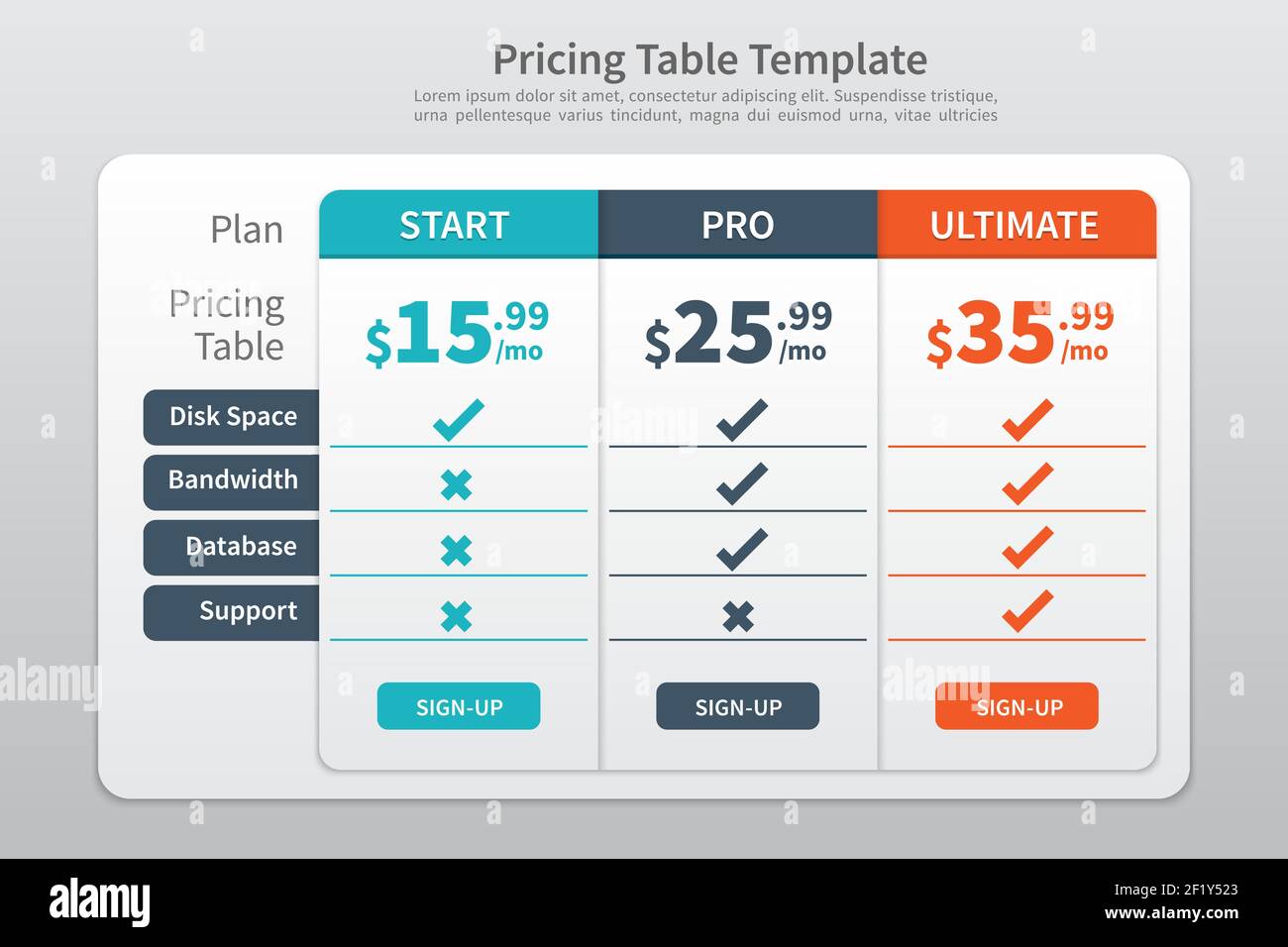 Pricing Table Template with Three Plan Type - Start Pro and Ultimate ...