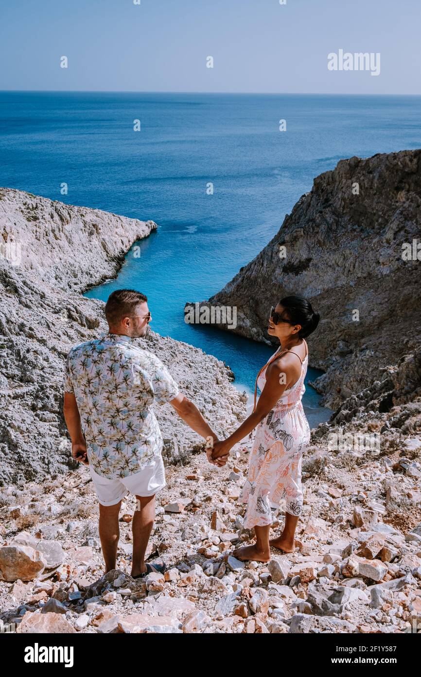 Crete Greece Seitan Limania beach with huge cliff by the blue ocean of ...