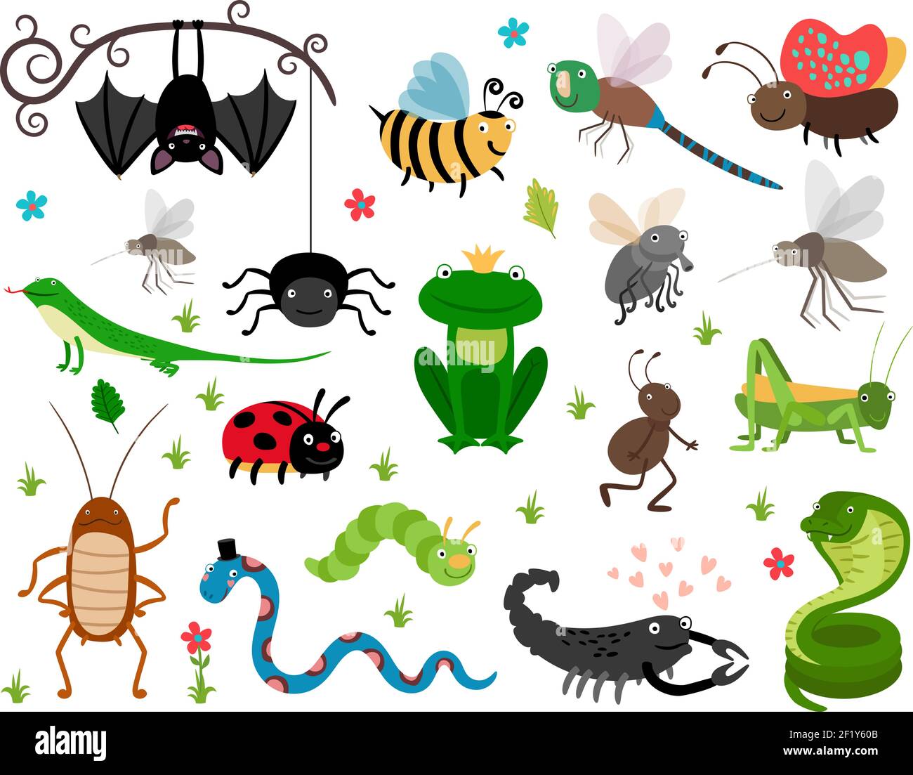 Set of cute vector insects and reptiles. Bee and grasshopper, lizard ...