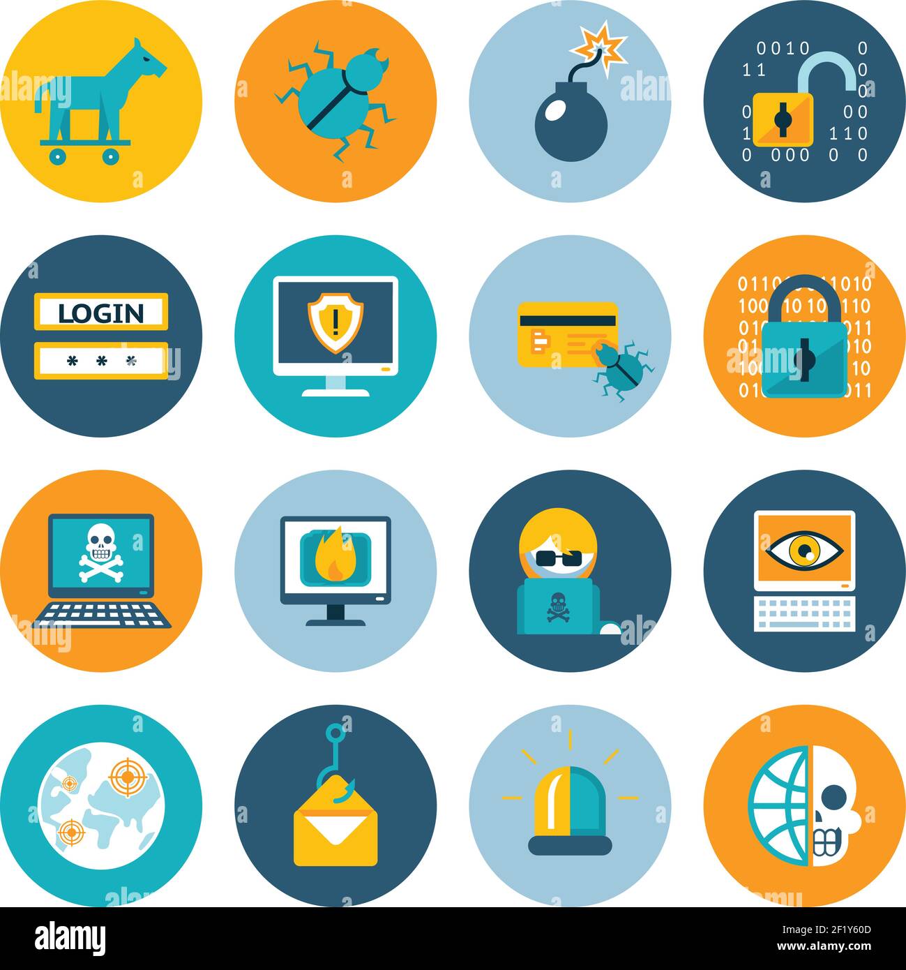 Hacker flat icons. Badges in colorful circles on a white background ...