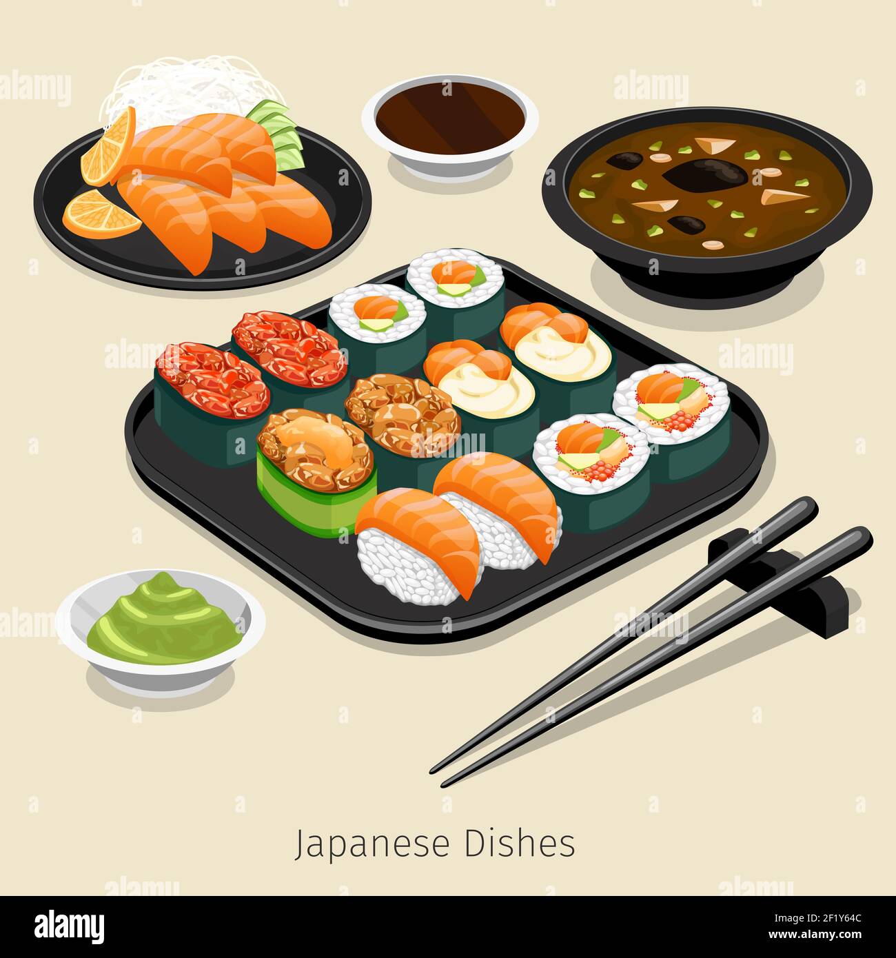 Japanese food set. Tasty menu, rice and roll, ingredient and sauce ...
