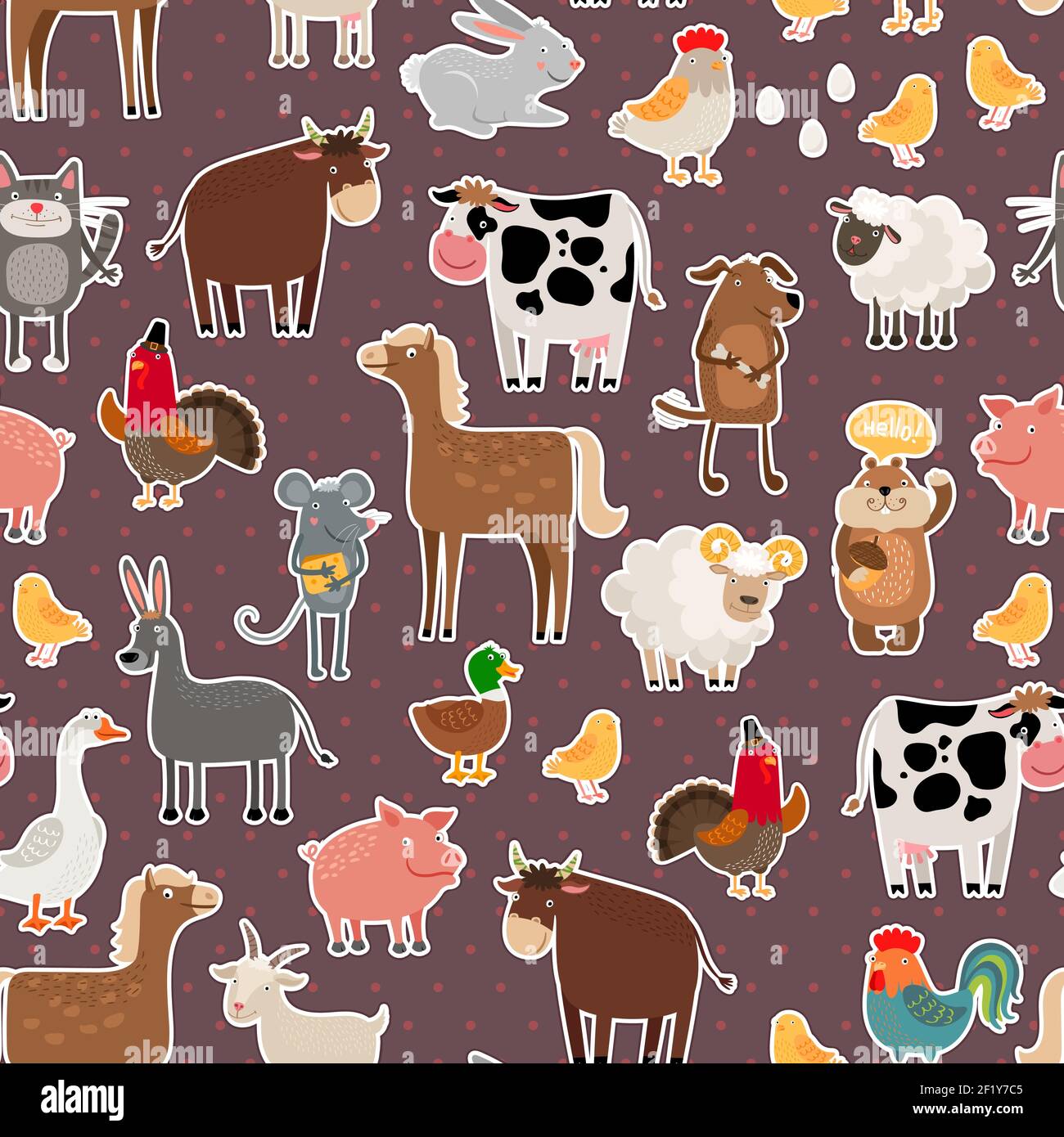 Farm animal and pets stickers pattern. Cow and sheep, pig and horse ...