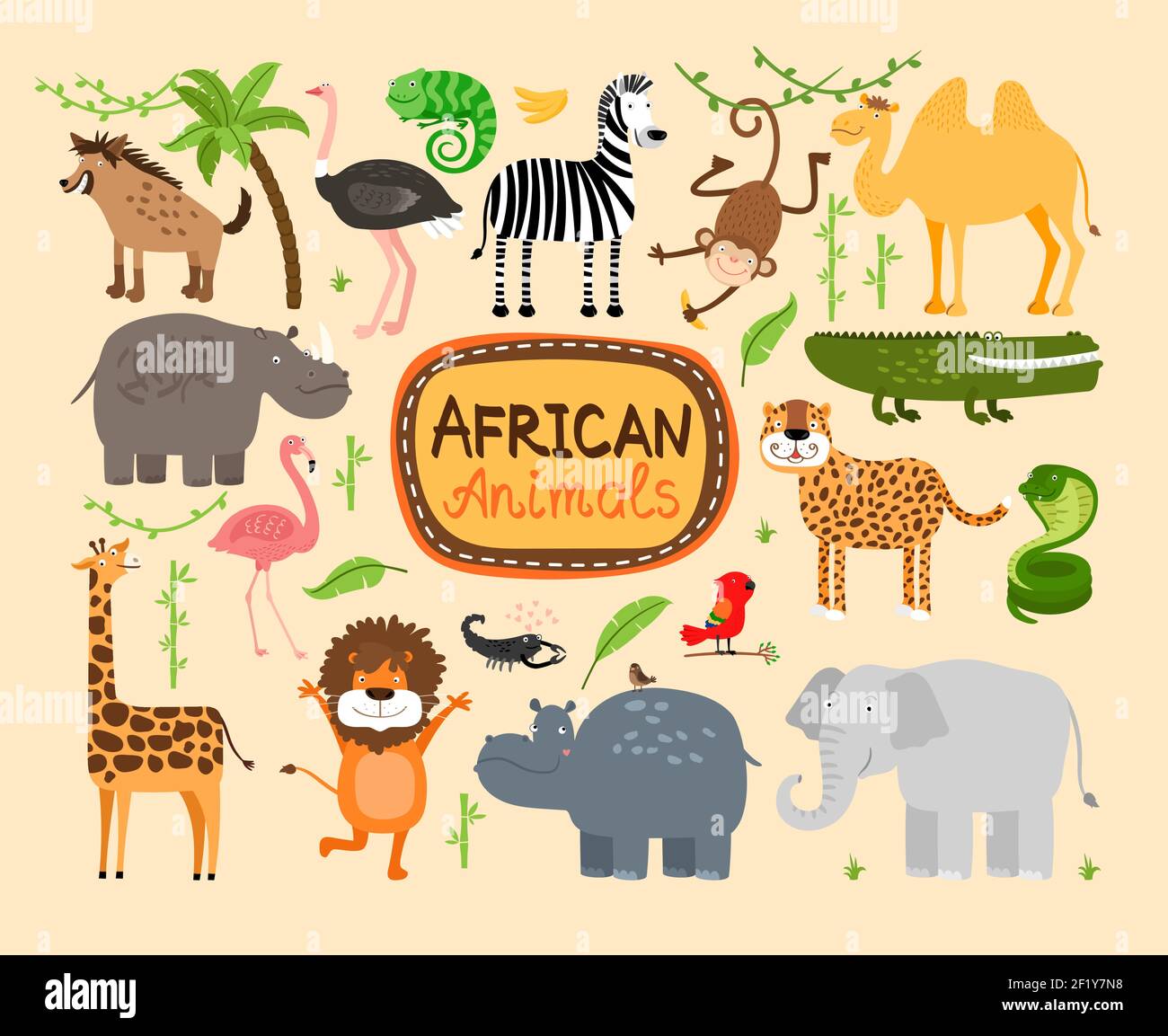 Set of vector african animals. Predators leopard and lion. Elephant and ...
