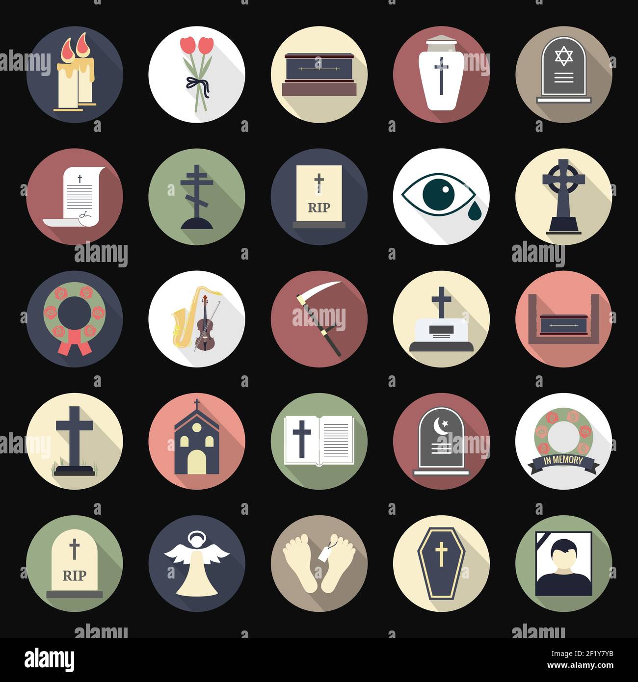Funeral icons in flat style on colored circles. Elements on the theme ...