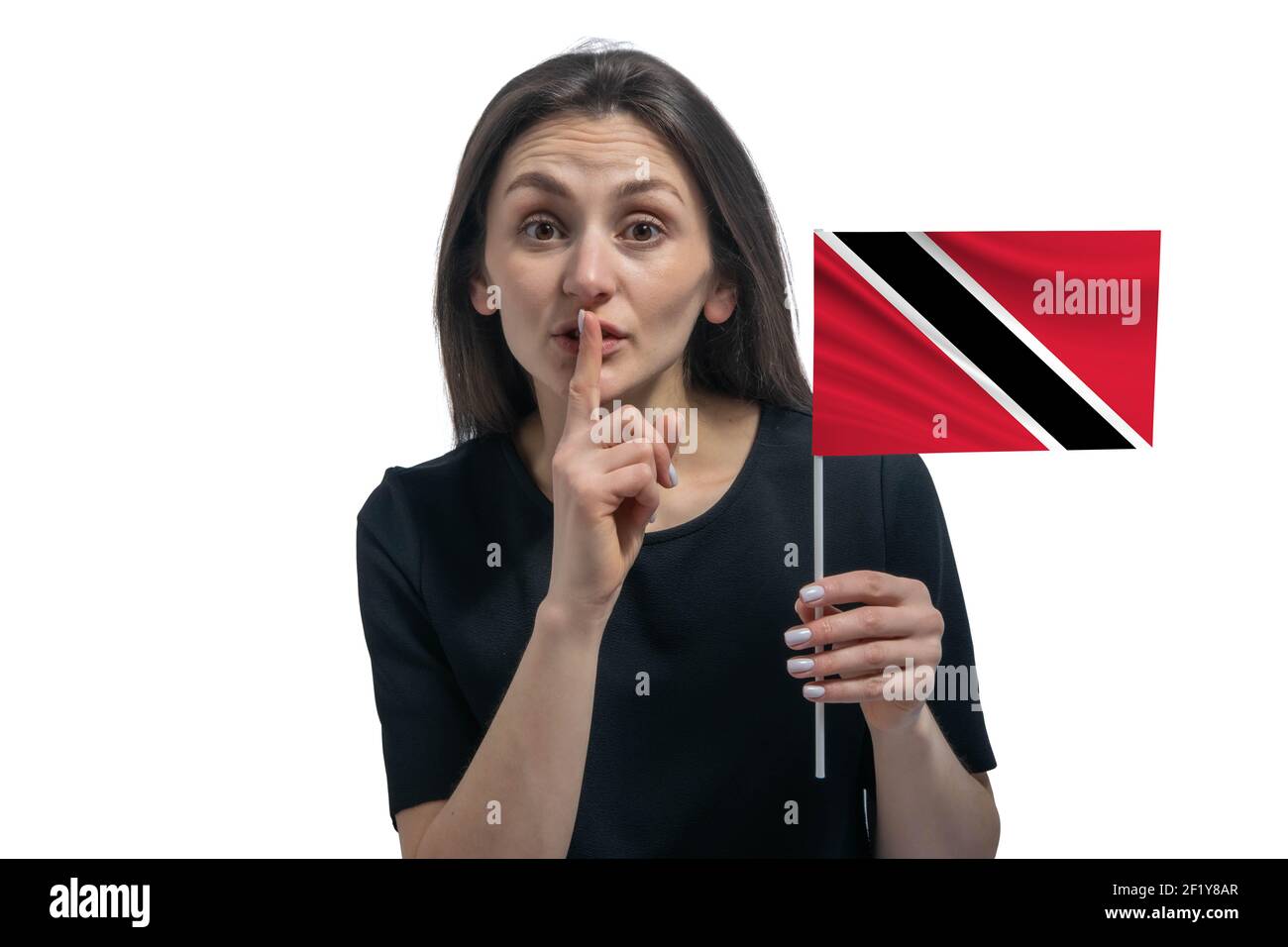 Happy young white woman holding flag of Trinidad and Tobago and holds a ...