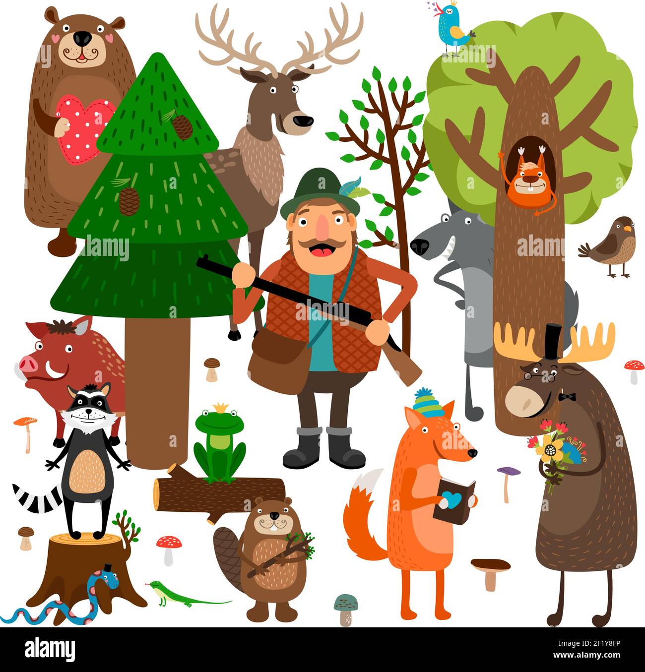 Forest animals and hunter. Squirrel and raccoon, wolf and frog, fox and ...