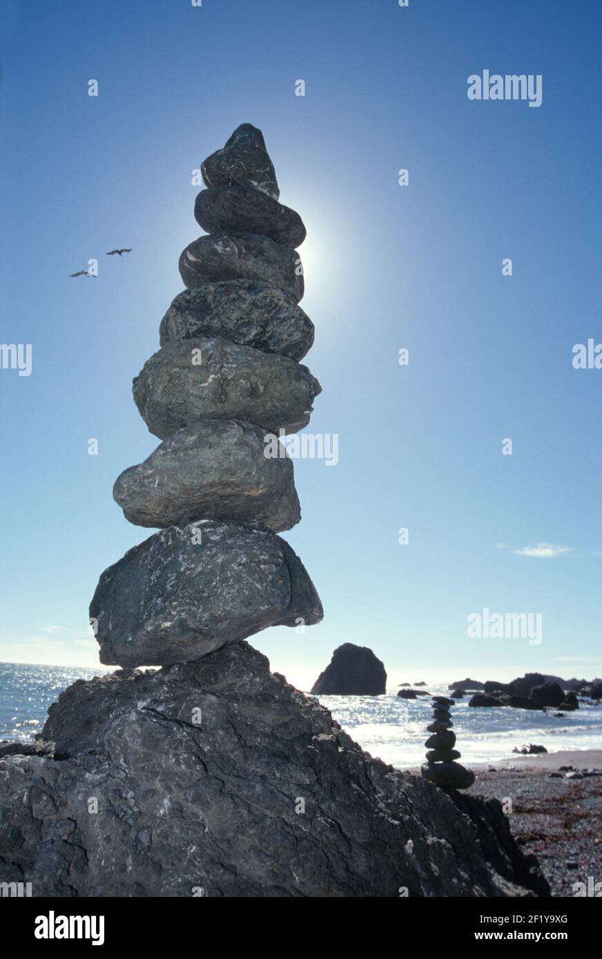 Rock Cairn with seagulls, Shell Beach, Sonoma Coast State Park, Sonoma ...