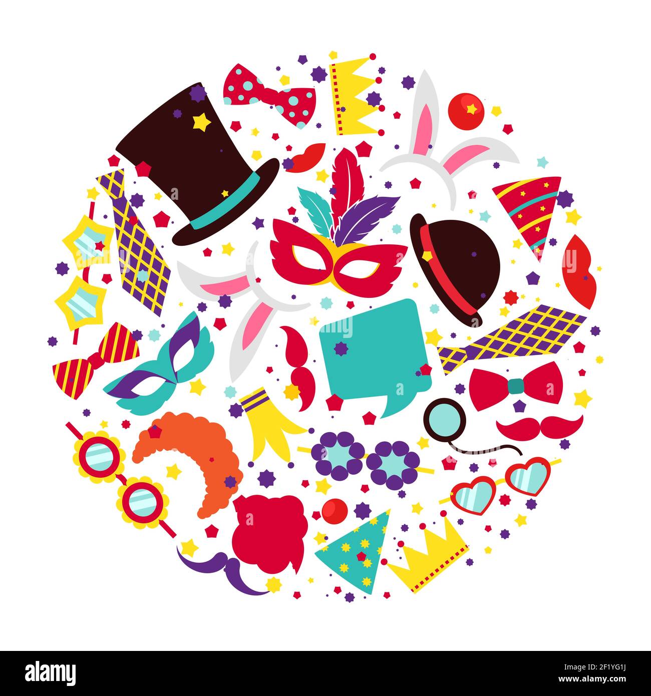 Birthday party photo booth props set in circle shape. Sign or symbol ...
