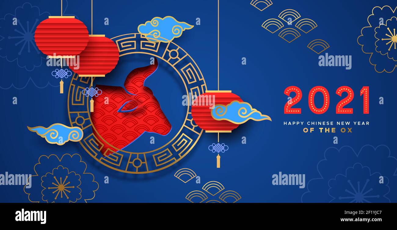 Chinese New Year of the ox 2021 traditional red blue greeting card ...