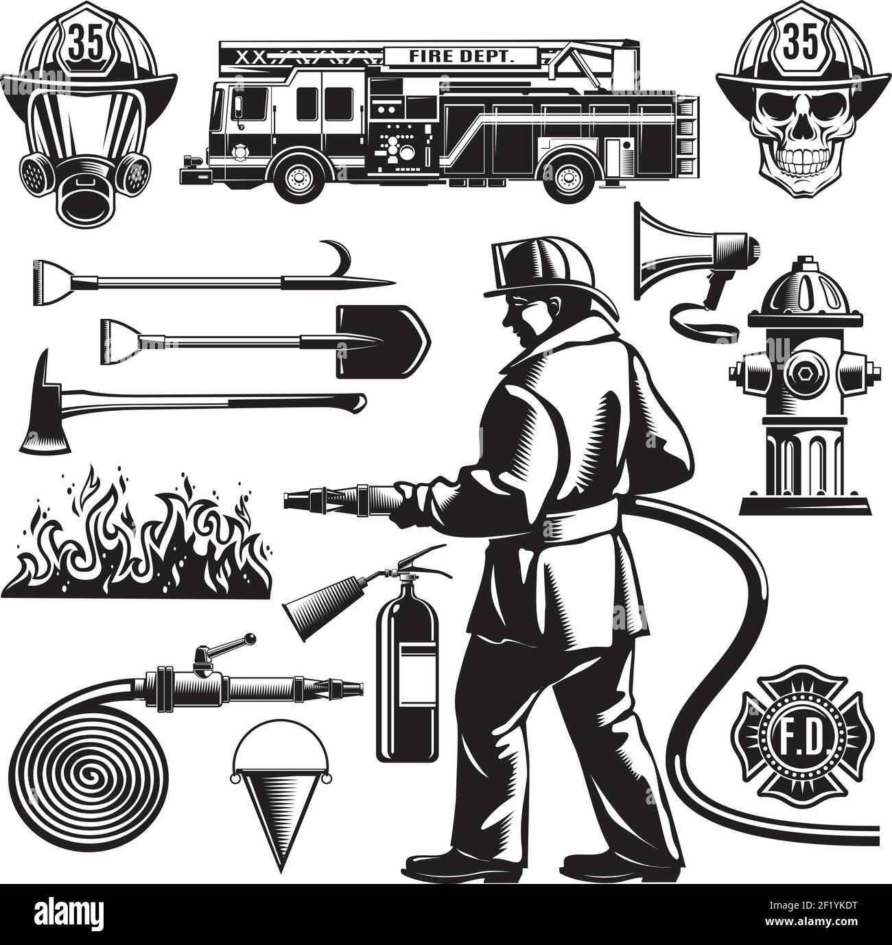 Vintage firefighting elements set with fireman truck flame and ...