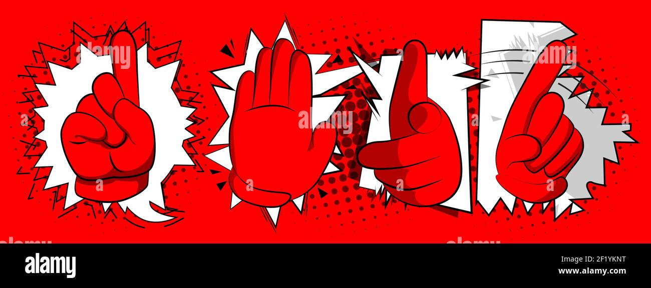 Red cartoon hand in gloves making signs. Vector illustration on a red ...