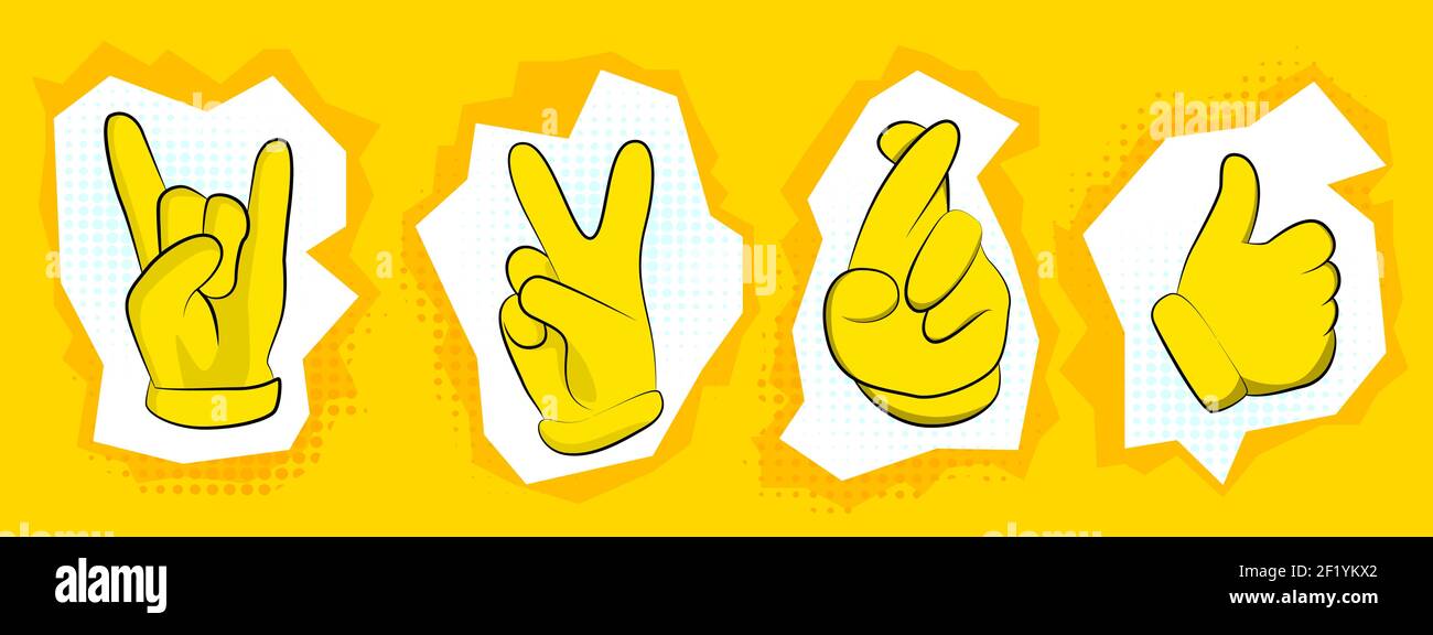 Cartoon hand in gloves making signs. Vector illustration on a yellow ...