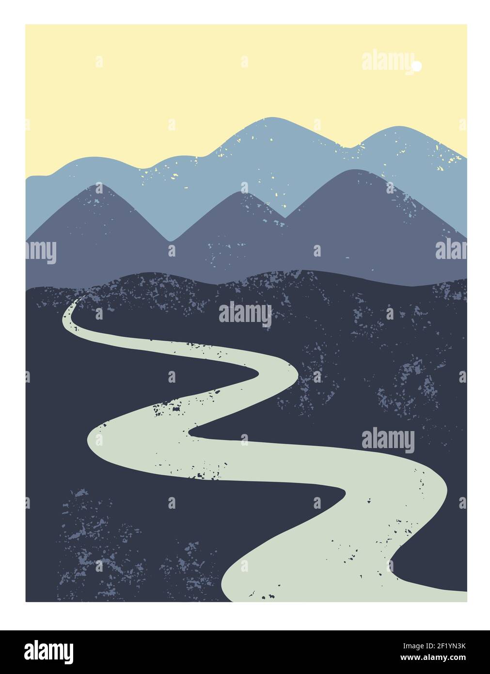 Abstract minimalistic landscape with mountains and river. Vector ...