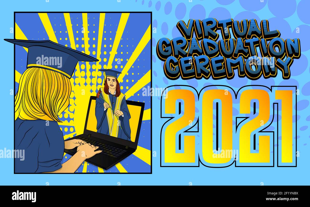 Online Virtual Graduation. Girls wearing tassel and graduation cap ...