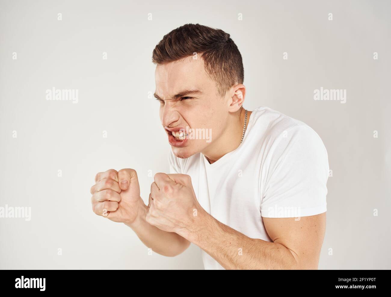 Emotions man irritability wide open mouth grin model cropped view Stock ...